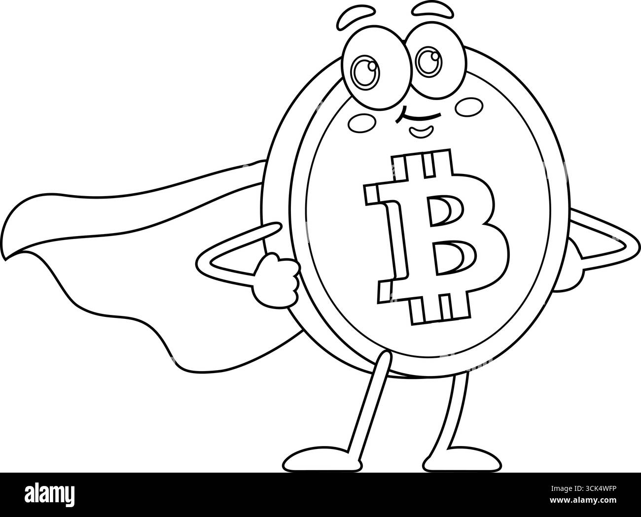 Outlined Bitcoin SuperHero Cartoon Character. Vector Hand Drawn ...