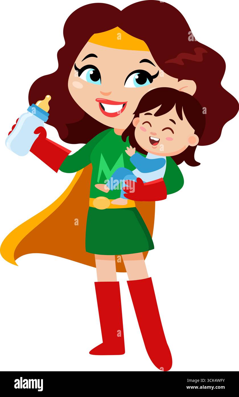Super Hero Mom Carrying Her Daughter Cartoon Characters. Vector ...