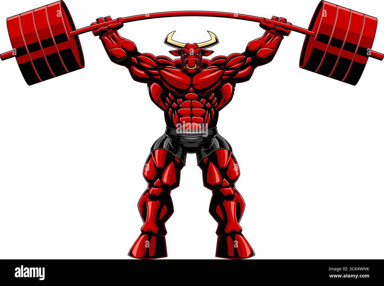 Muscular Red Bull Bodybuilder Mascot Lifting Big Barbell. Vector Hand ...