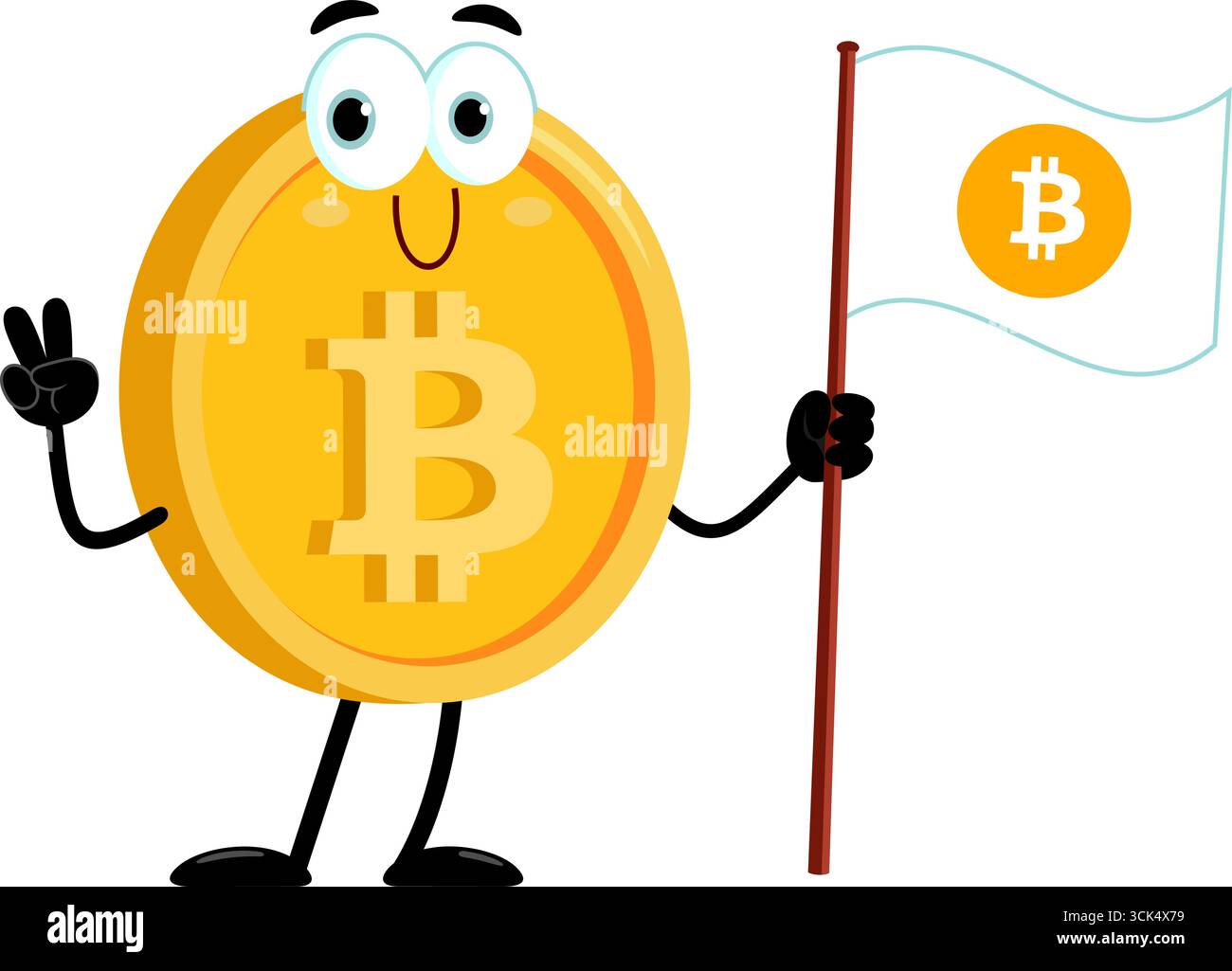 Bitcoin Cartoon Character Showing Victory Hand Sign And Waving Flag ...