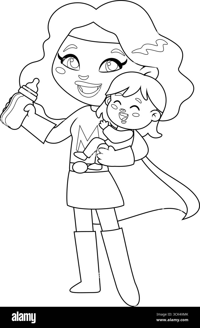 Outlined Super Hero Mom Carrying Her Daughter Cartoon Characters ...