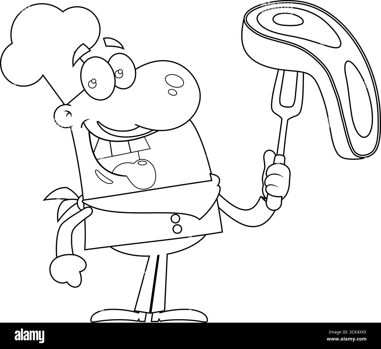 Outlined Happy Chef Man Cartoon Character Holding A Raw Steak On BBQ ...