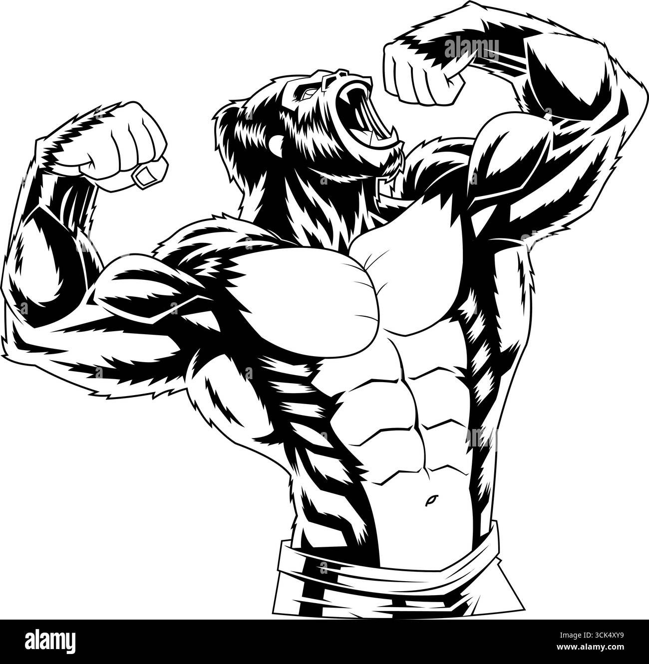 Outlined Fierce Bodybuilder Gorilla Flexing Muscles Sports Mascot Logo