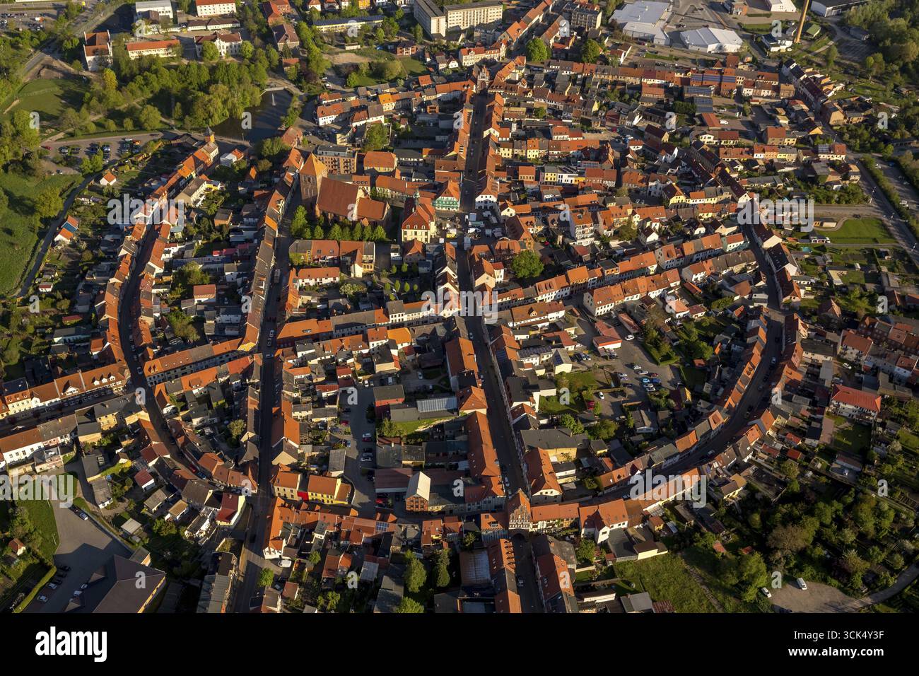 Town wall and round ground plan of the historic town of Teterow, town ...