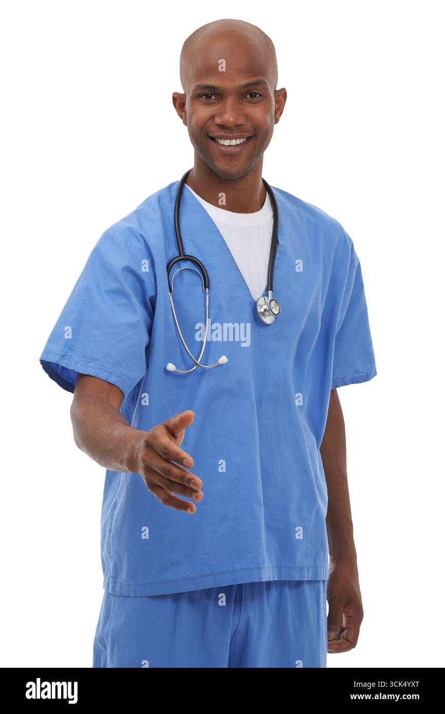 Happy black man, portrait and handshake for meeting or greeting ...