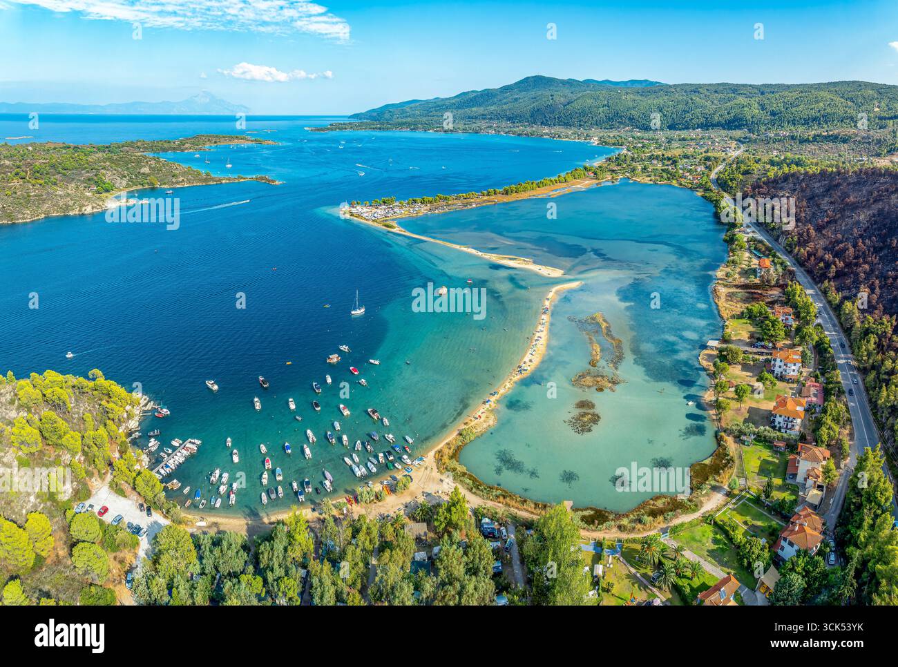 Aerial view of Livari Beach, Sithonia peninsula, Halkidiki, Greece ...