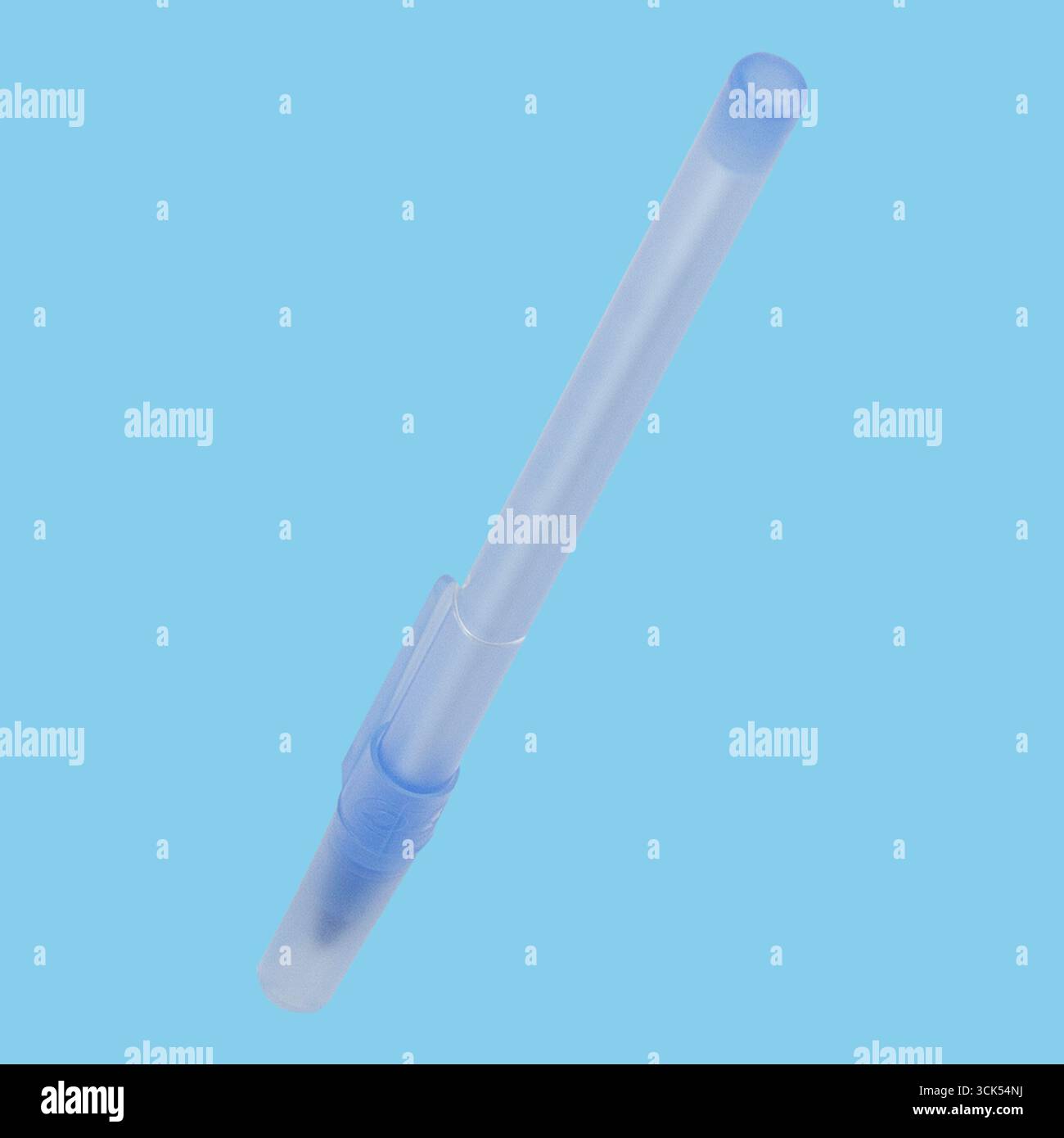 A transparent blue pen, designed for writing with a smooth ink flow ...