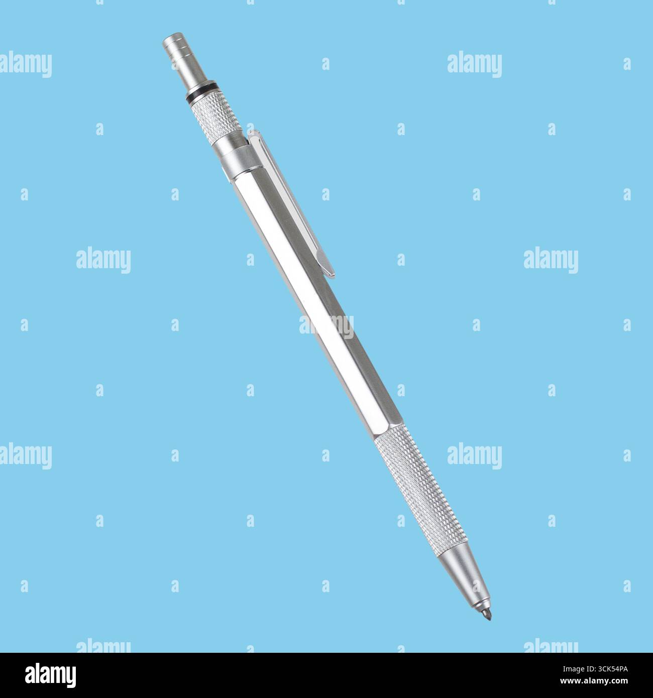 A sleek silver pen designed for writing, featuring a retractable ...