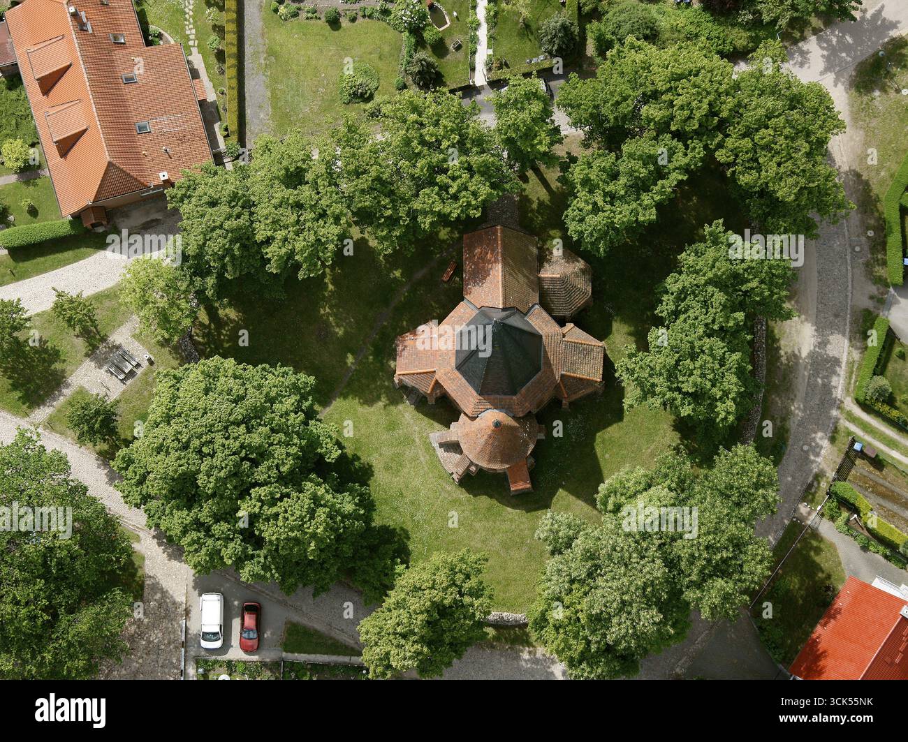 Aerial view, octagonal church, Ludorf Castle, village church with ...