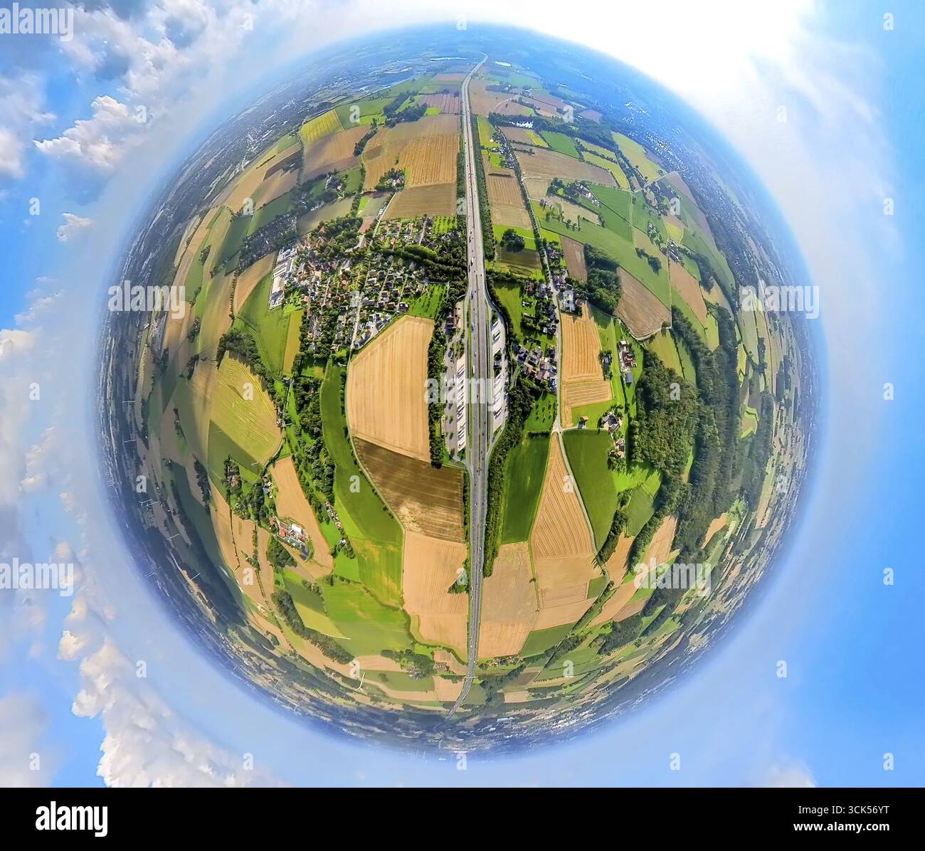 Aerial view, motorway A2 rest area Vellern, globe, fisheye shot ...