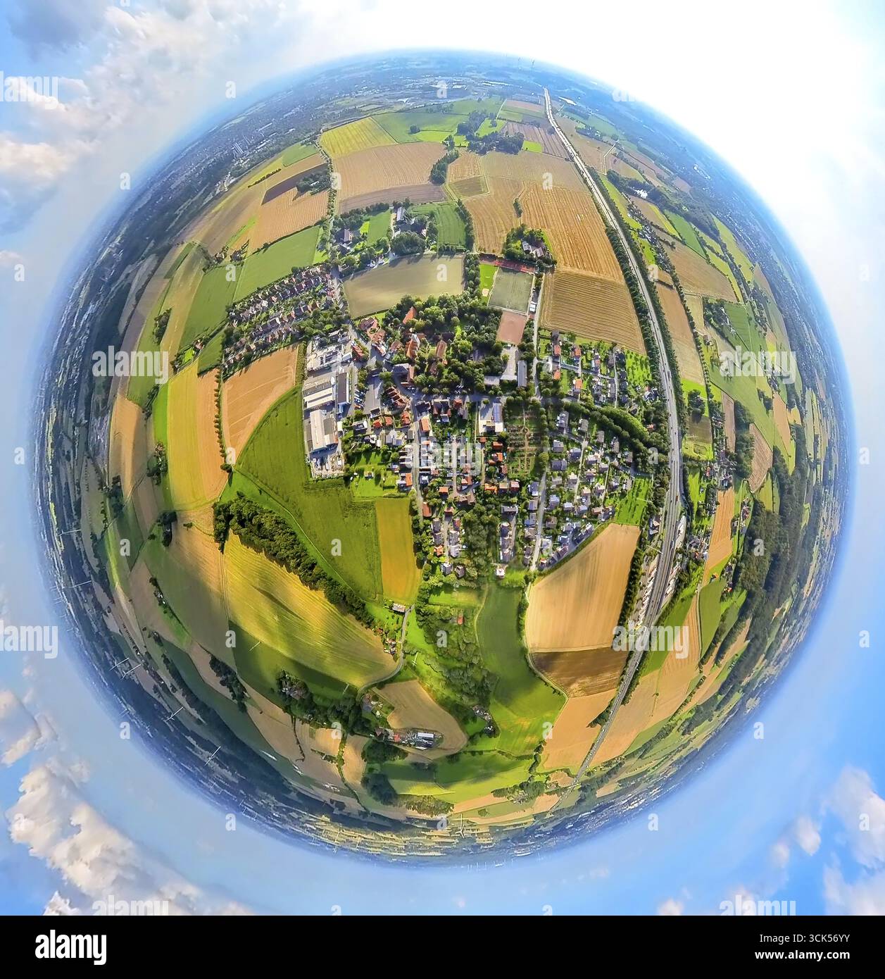 Aerial view, local view and motorway A2 service area Vellern, globe ...