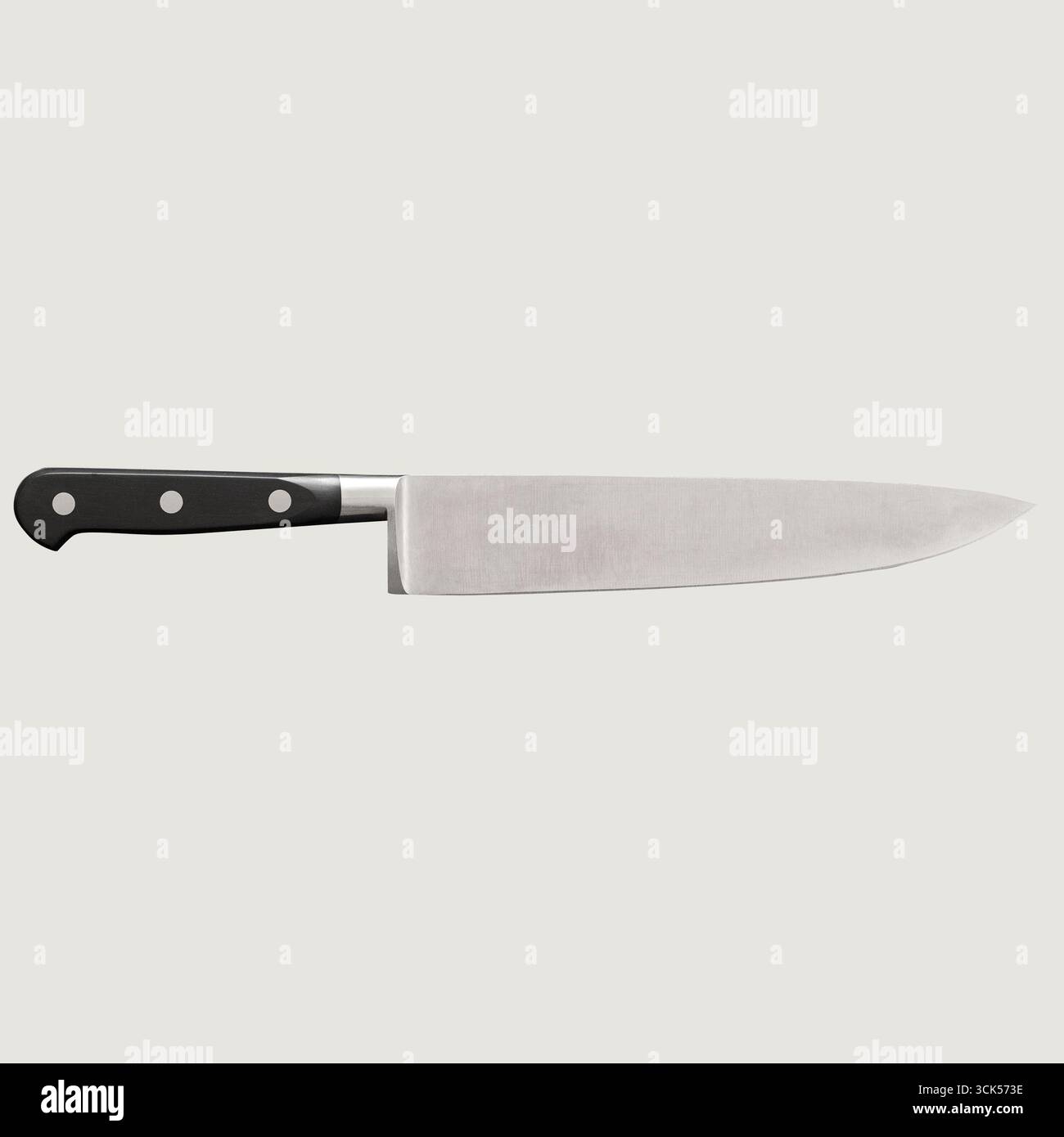 A kitchen knife with a sleek stainless steel blade and a black handle ...