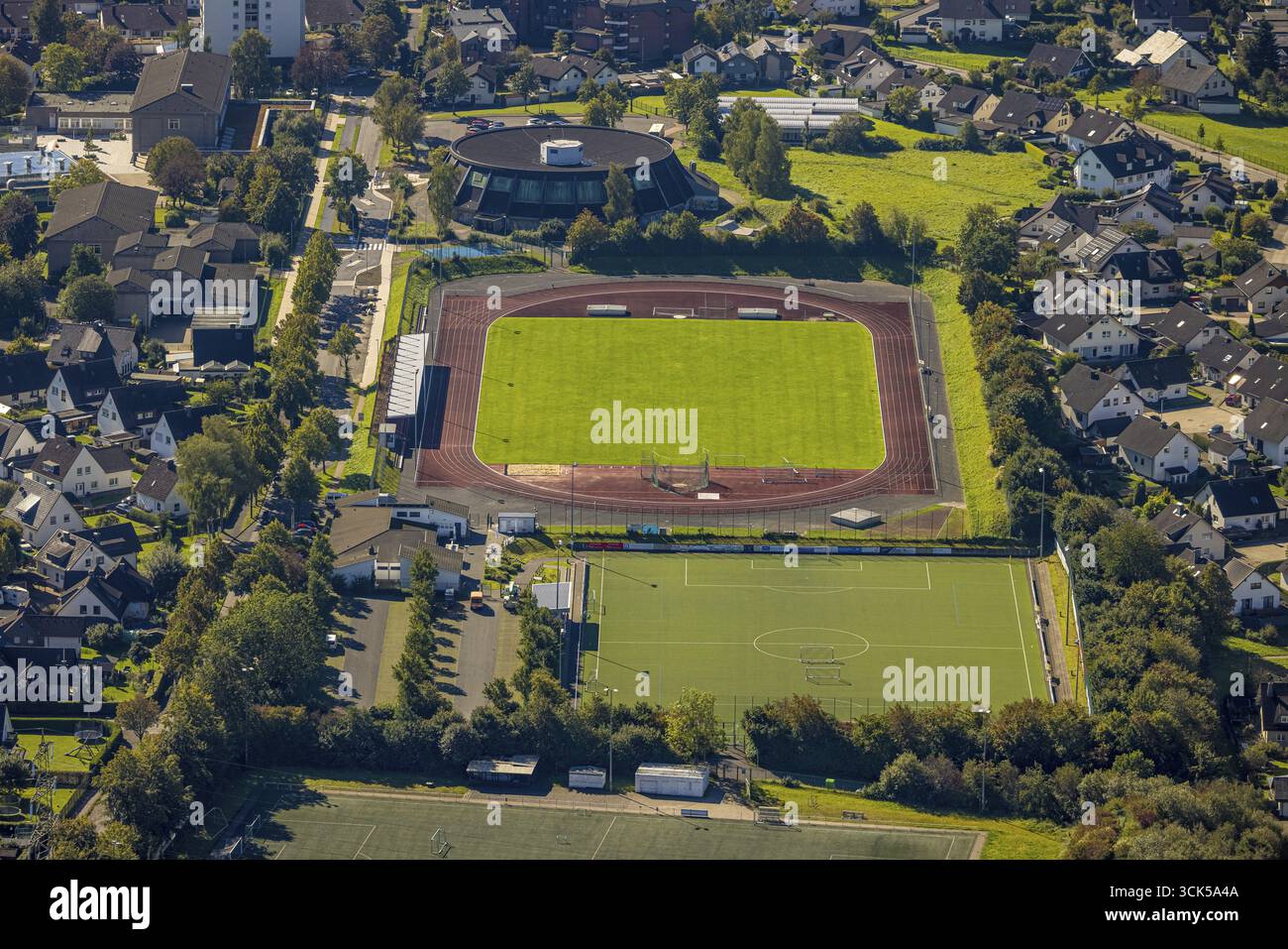 Aerial view, Hansa stadium and round hall, Attendorn, Sauerland, North ...
