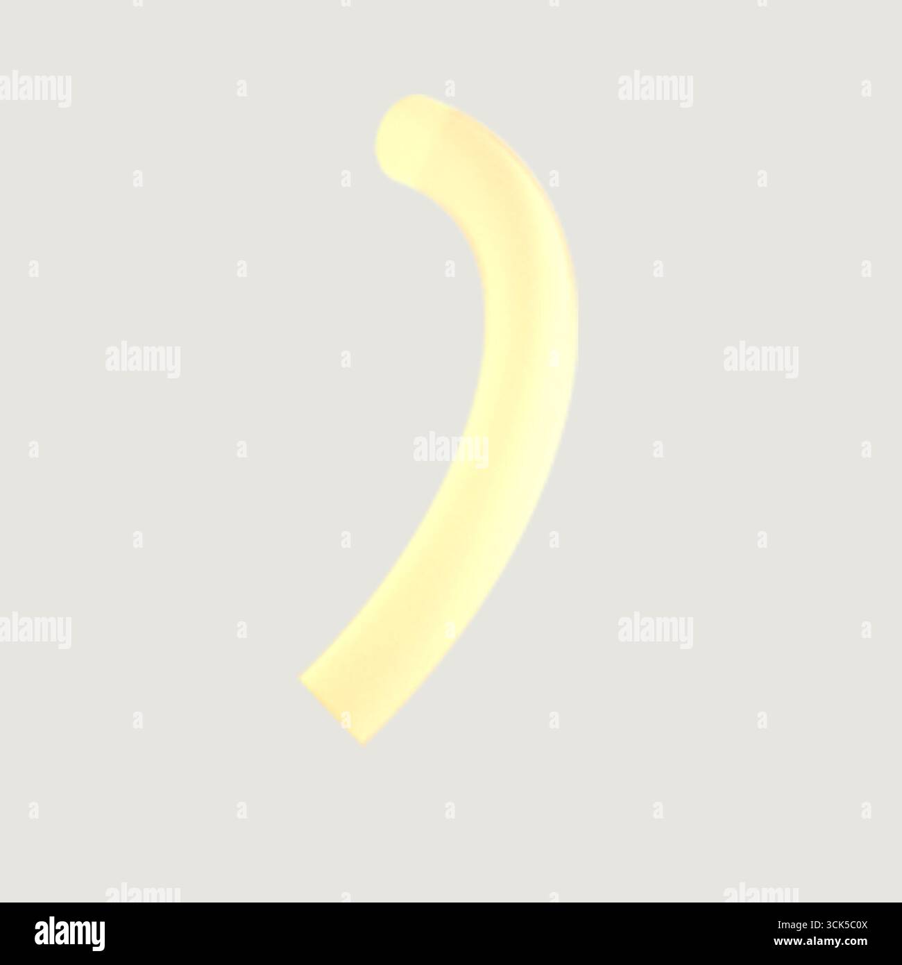 A curved, light-colored object resembling a piece of pasta or a ...