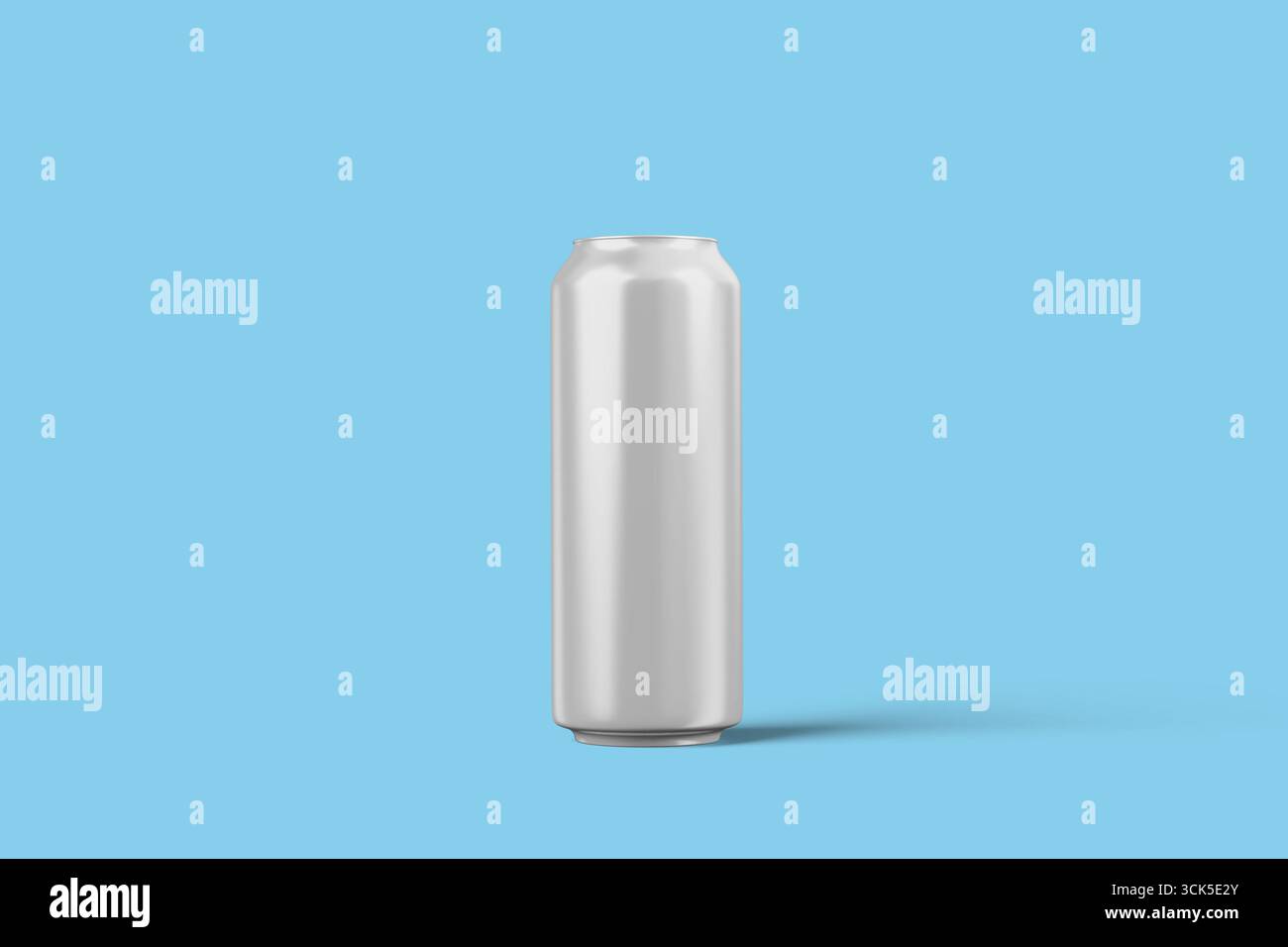 A simple, shiny silver can standing upright against a transparent ...