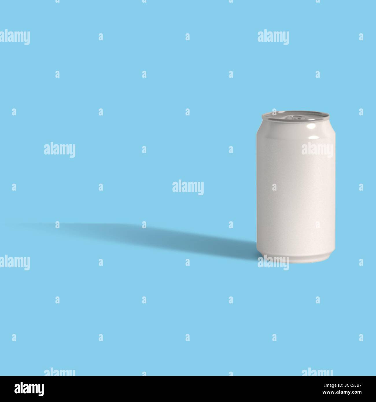 A plain, unmarked aluminum can standing upright, casting a shadow on a ...