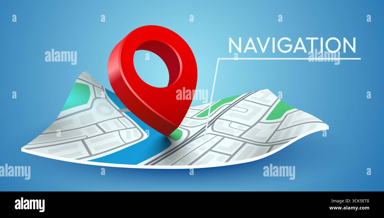 Folded maps navigation with red road pin. Vector illustration Stock ...