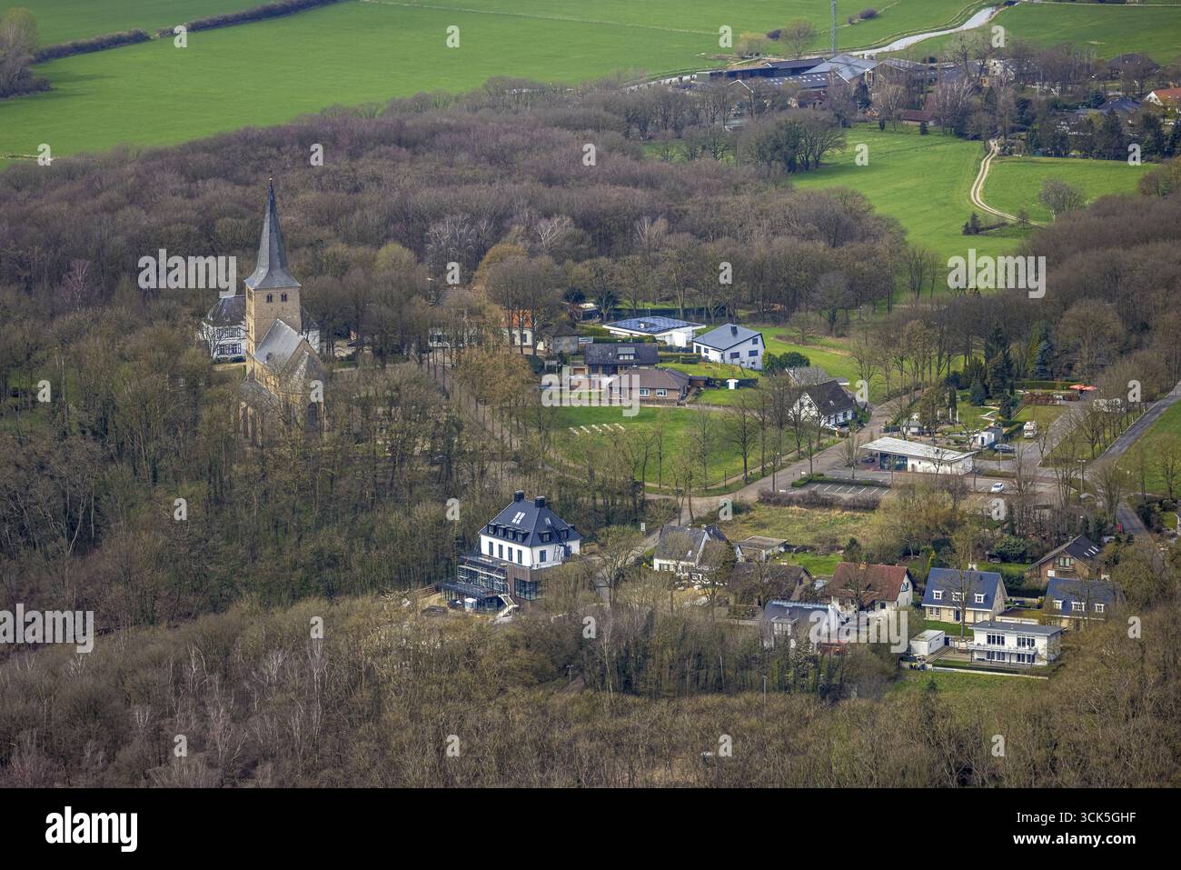 Aerial view, Elten Abbey, St. Vitus Abbey Church, Waldhotel Hochelten ...