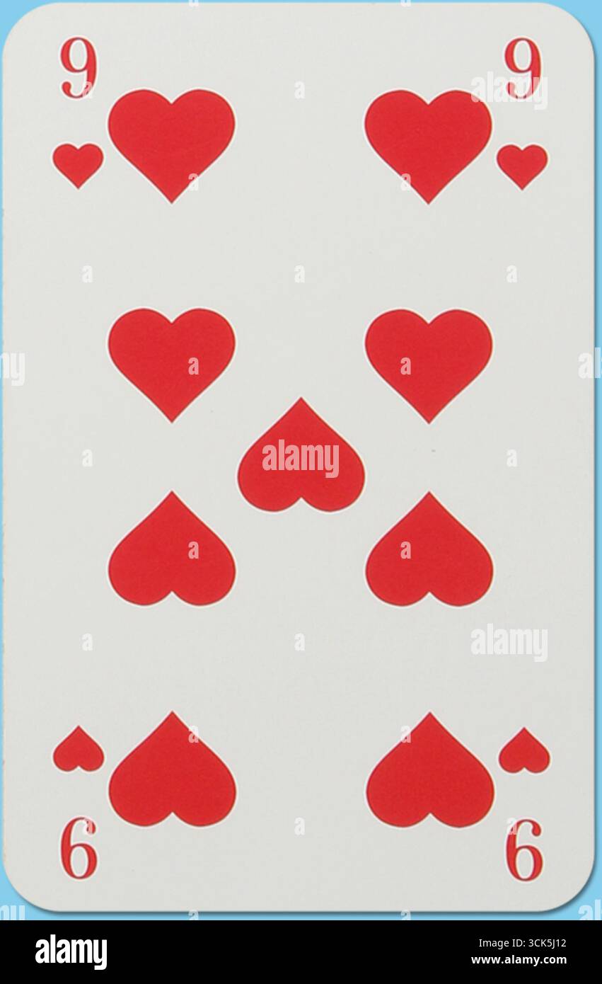 This image shows a playing card featuring the number 9 of hearts, with ...
