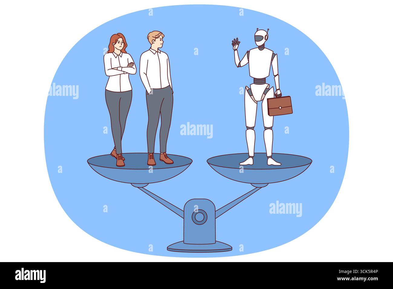 Modern robot and office workers stand on different scales, for concept ...