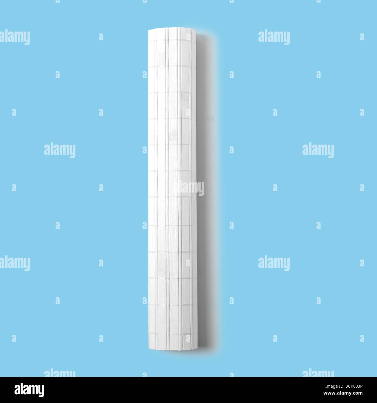 A rolled-up white blueprint or architectural plan, featuring a grid ...