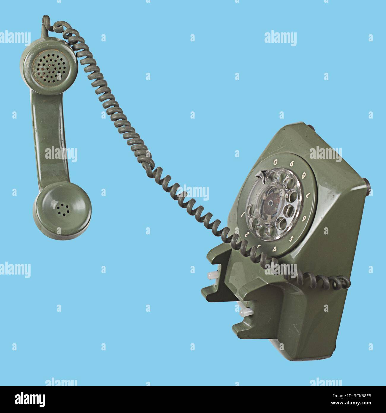A vintage green rotary telephone with a coiled cord, symbolizing ...