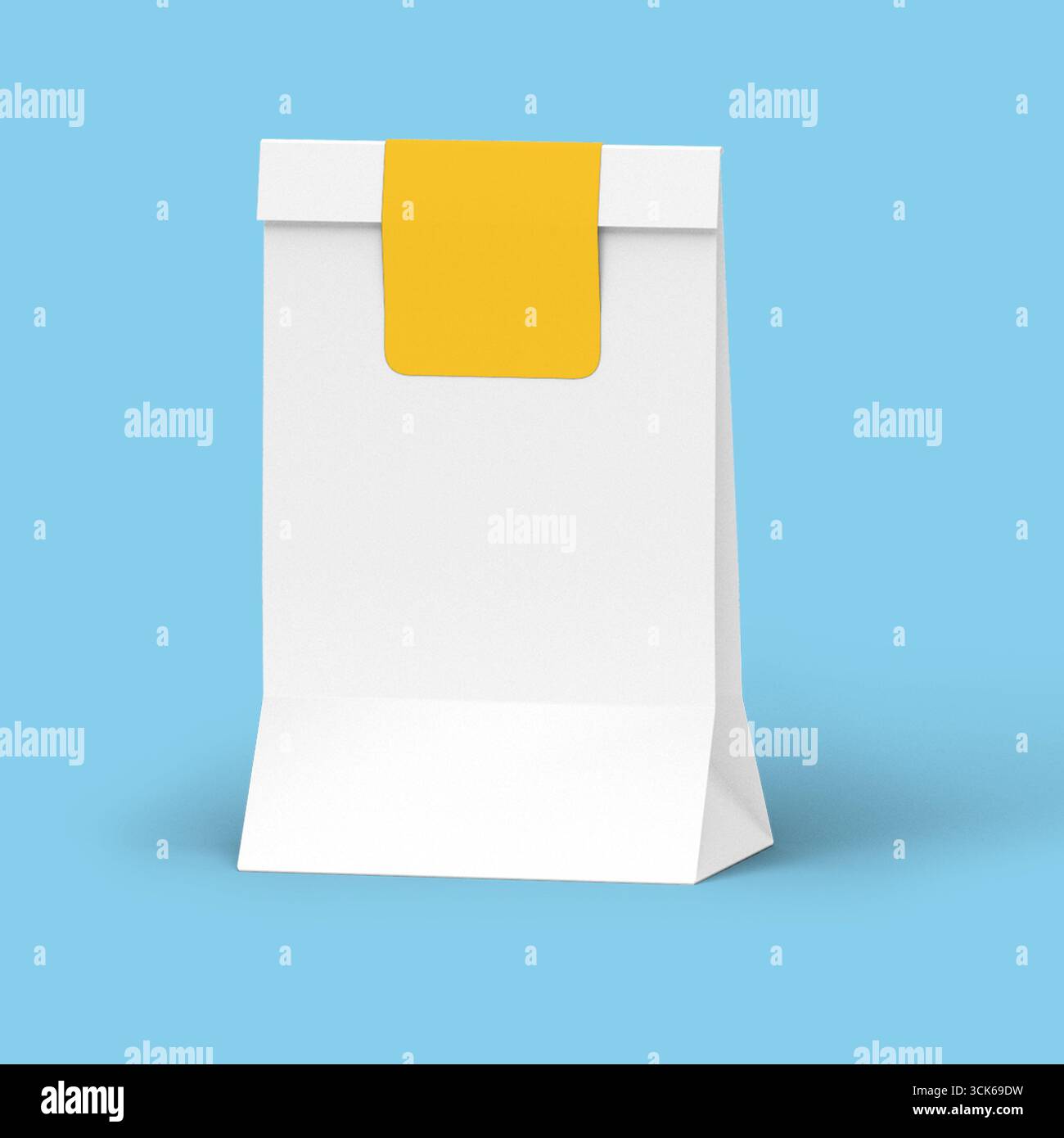 A simple white paper bag with a yellow closure, designed for packaging ...