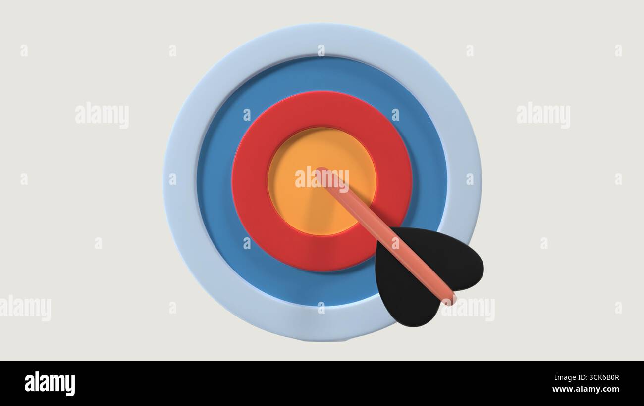 A black dart piercing the center of a colorful archery target with red ...