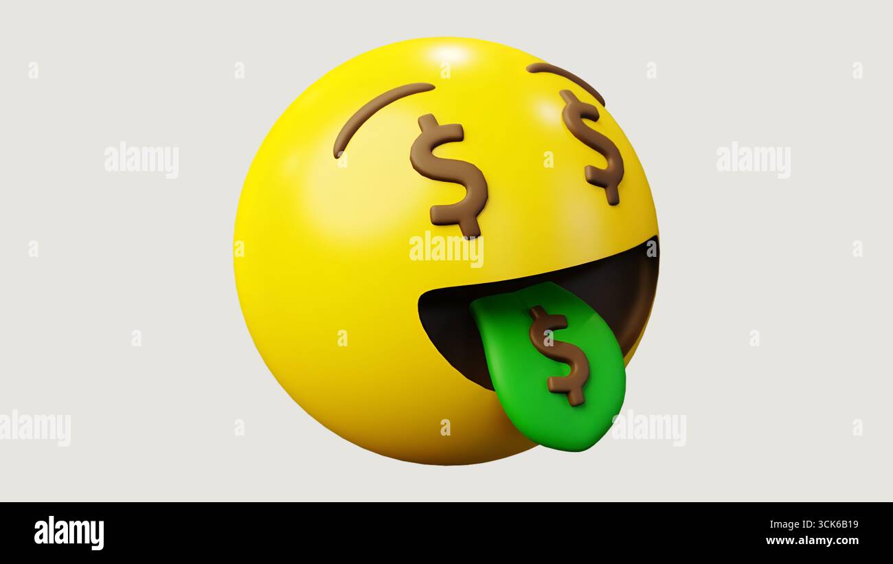 A 3D emoji with dollar signs for eyes and a tongue sticking out with a ...