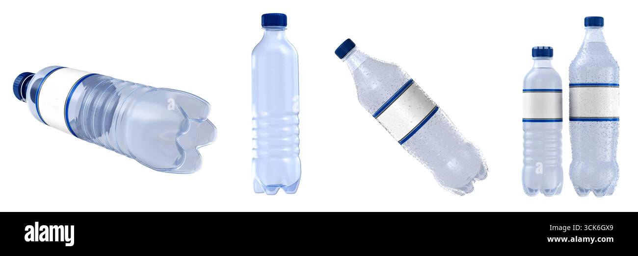A collection of plastic water bottles in various positions, showcasing ...