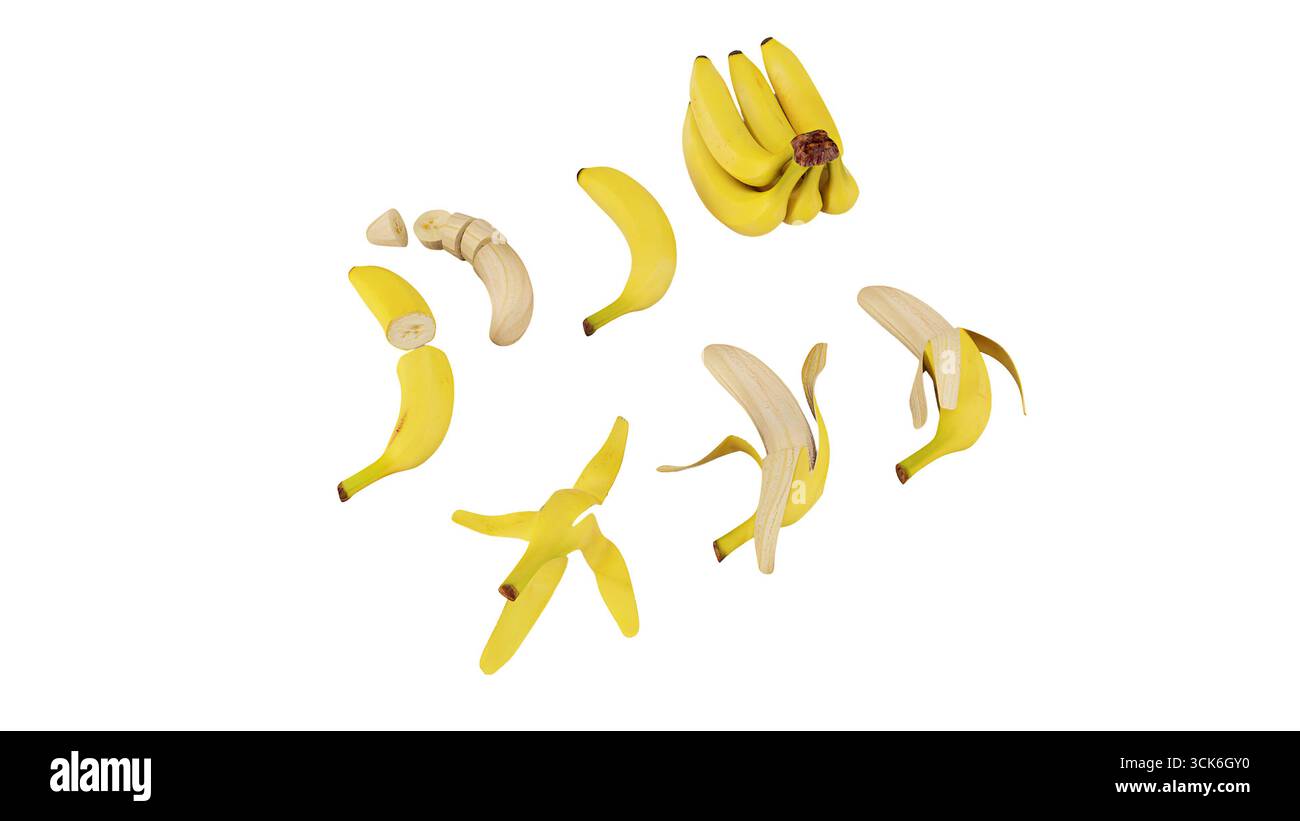A collection of bananas in various forms, showcasing their shapes and ...