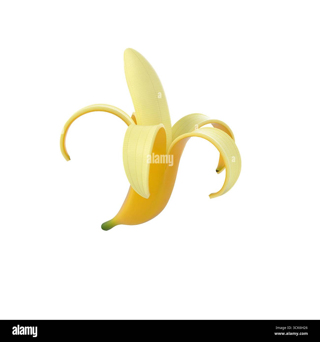 A stylized, cartoonish banana with its peel partially opened ...