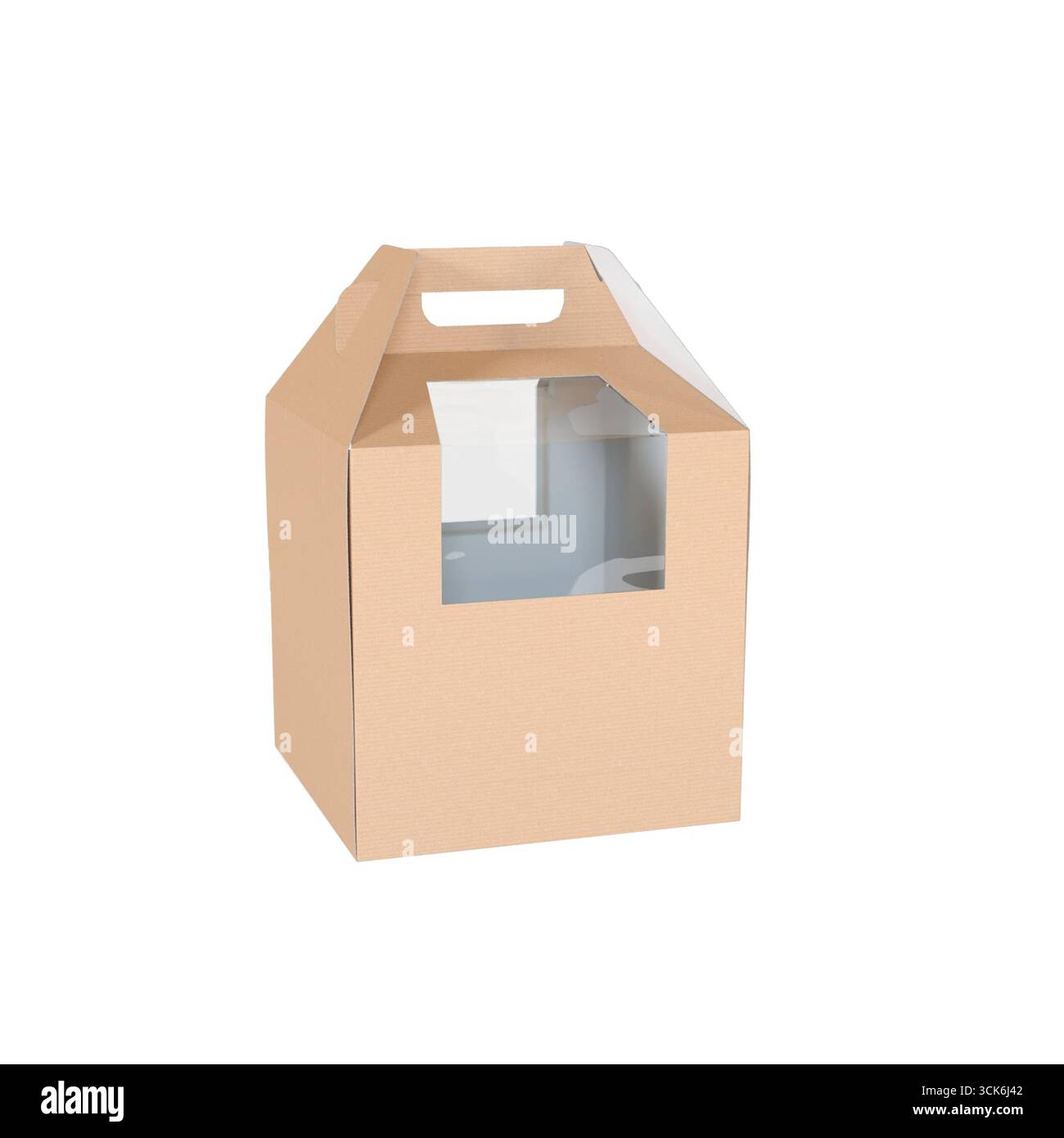 A plain cardboard takeout box with a handle and a transparent window ...