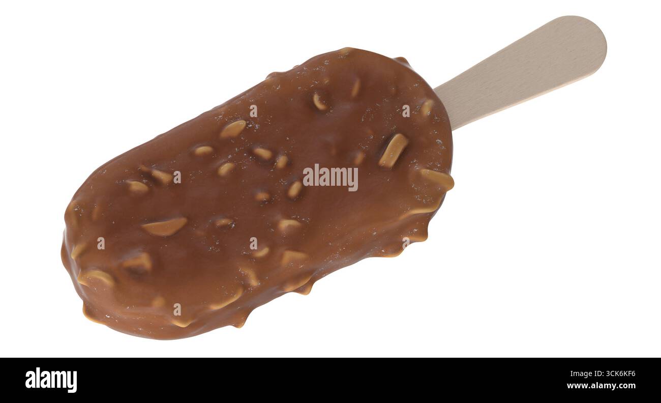 A chocolate-covered ice cream bar with a wooden stick, featuring a ...