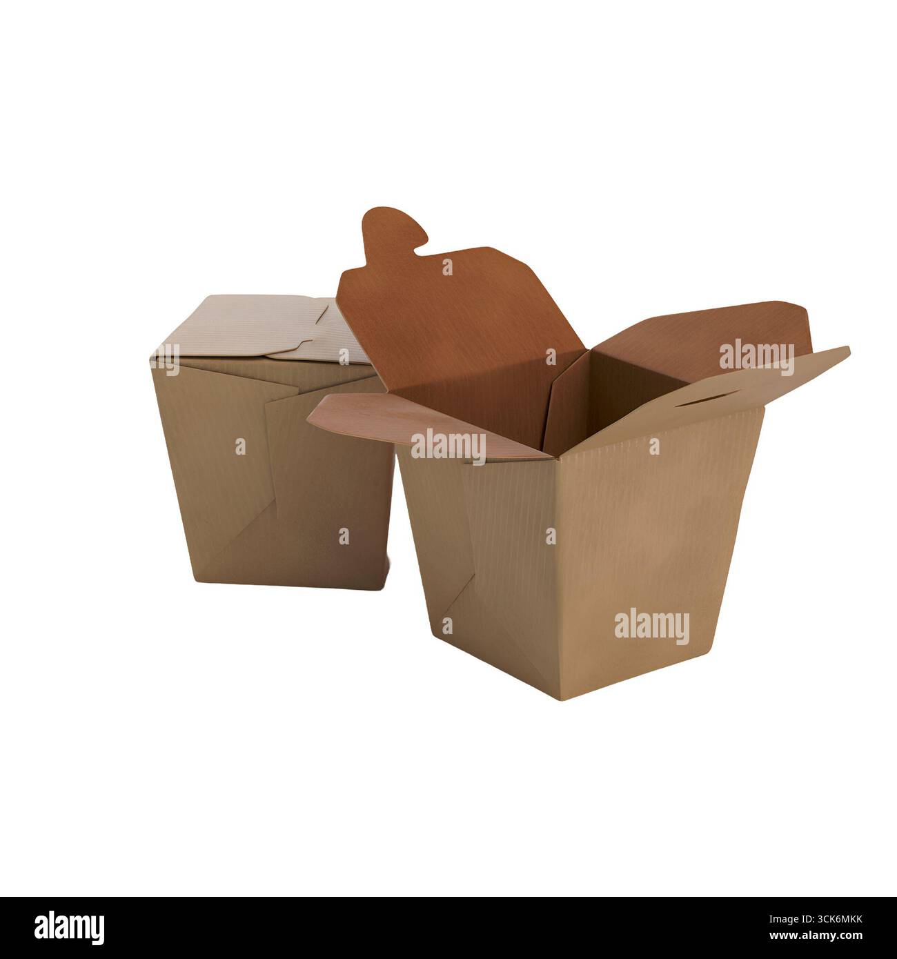 Two brown paper takeout boxes, one closed and one open, typically used ...