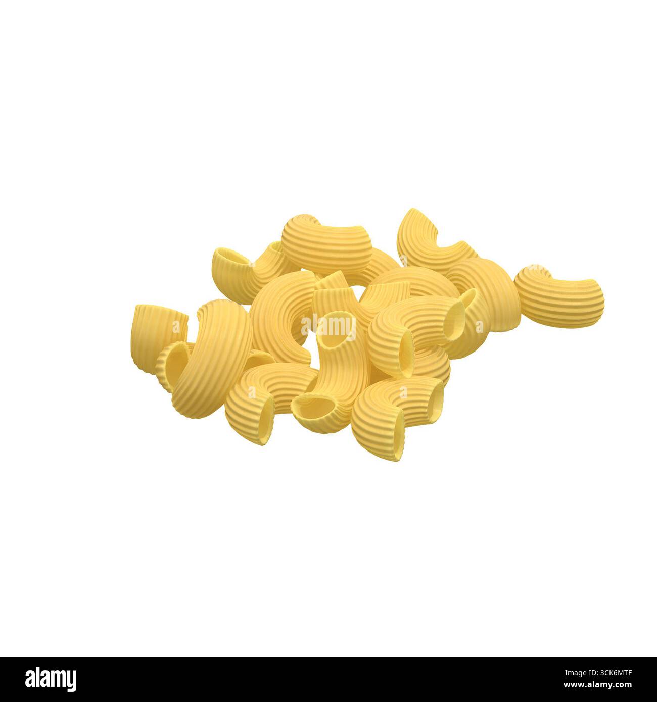 A pile of uncooked pasta in a curved shape, commonly used in various ...