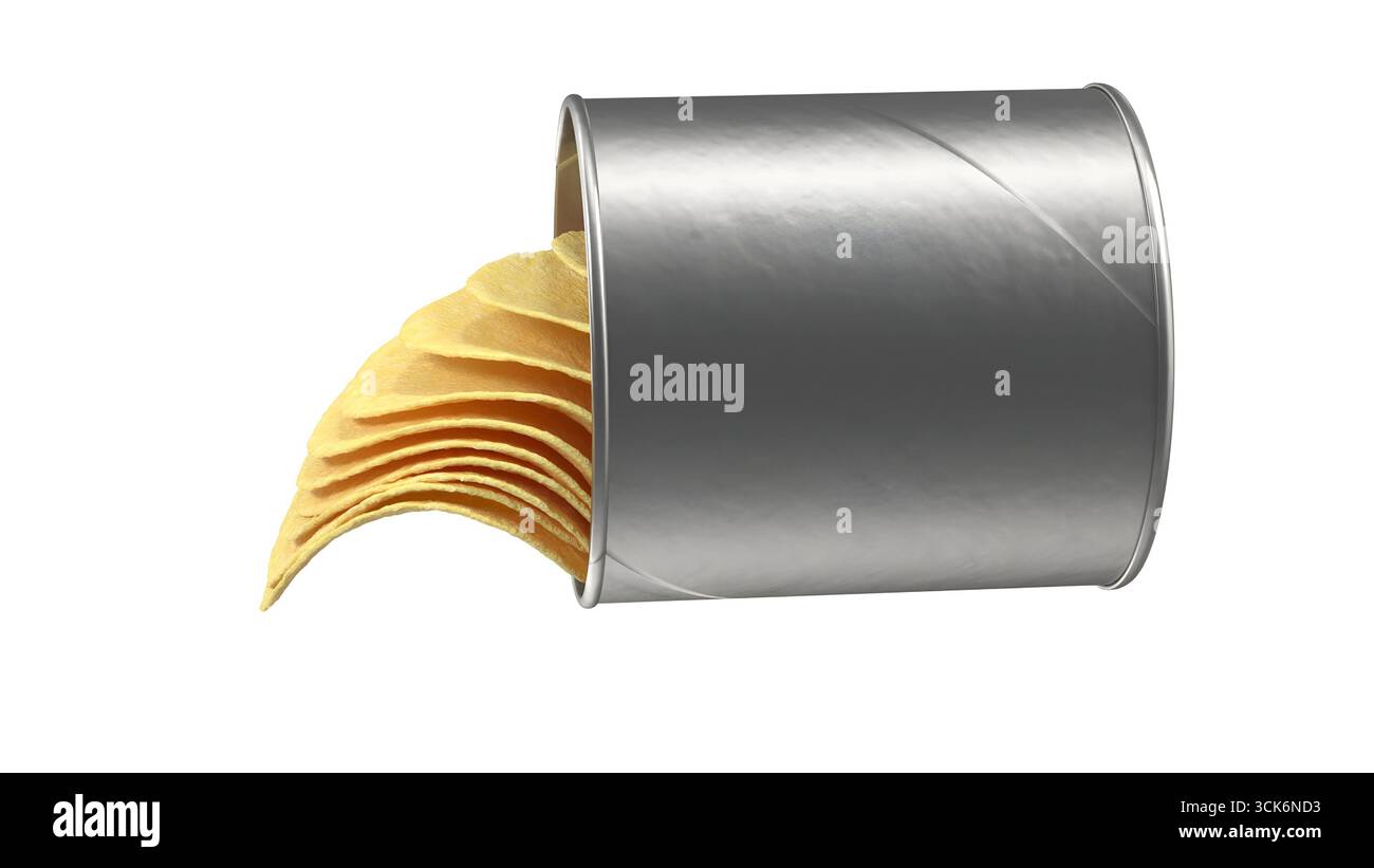 A silver canister tipped over, spilling out golden potato chips Stock ...