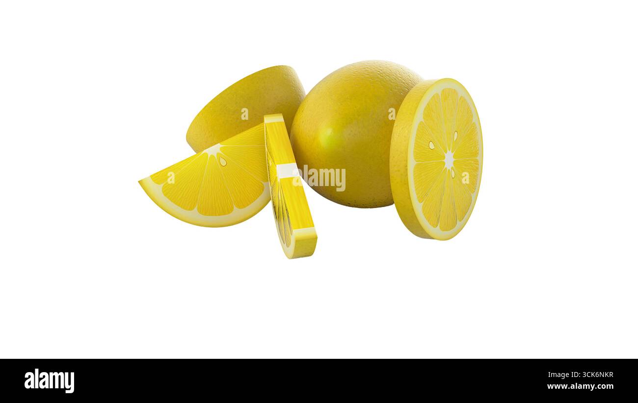 A vibrant depiction of lemons, showcasing whole and sliced pieces ...