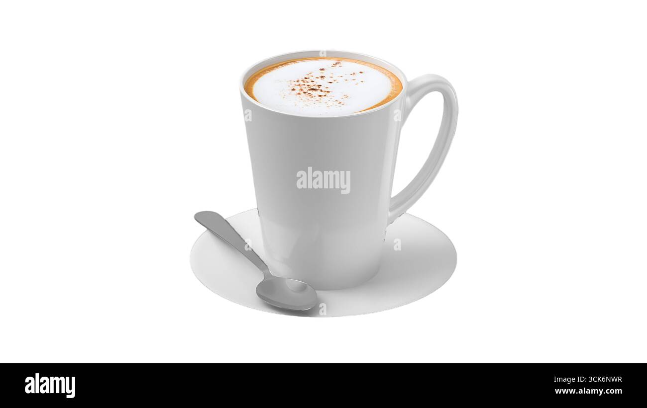 A steaming cup of coffee with frothy milk and a sprinkle of cocoa ...