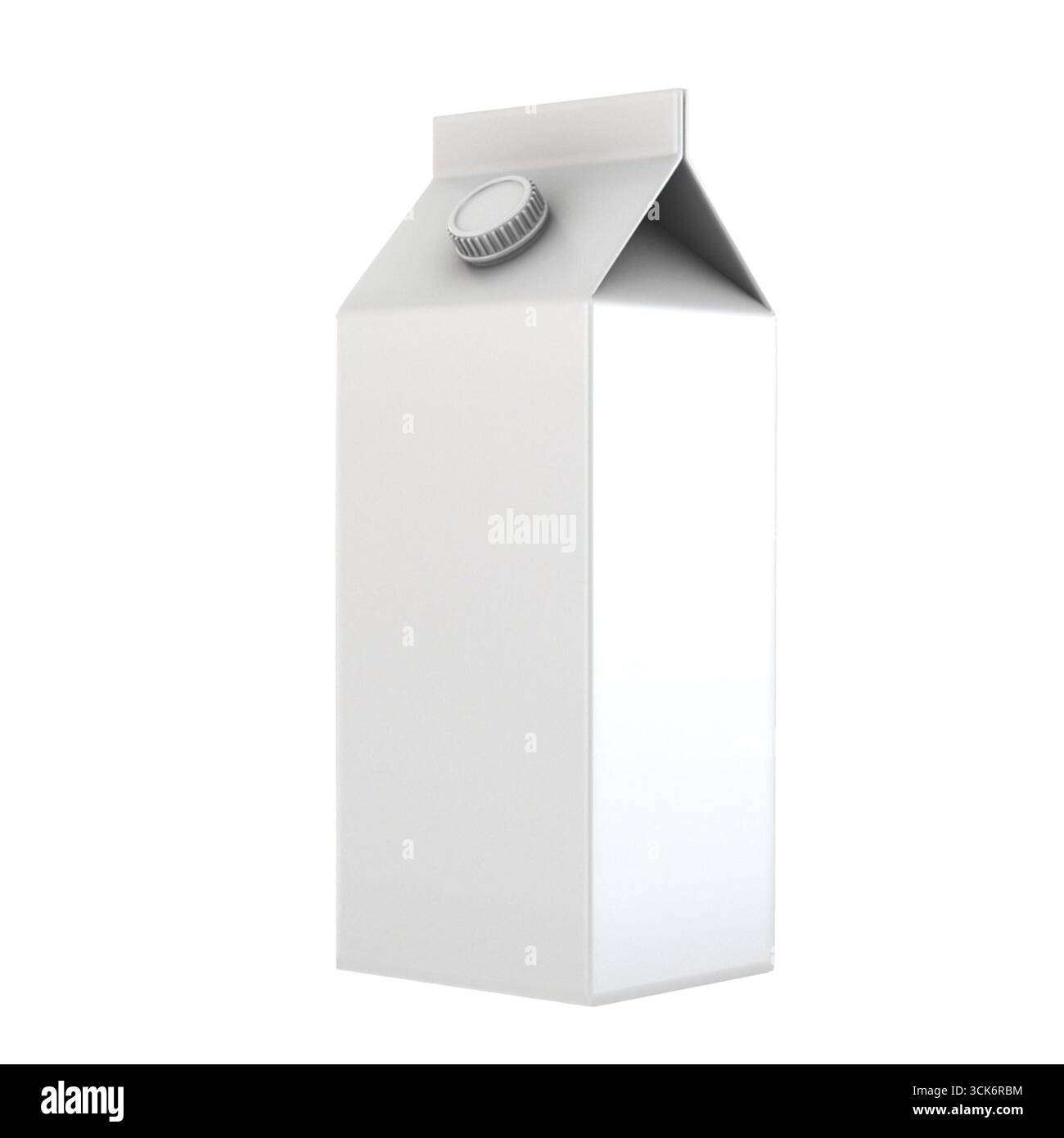 A plain, white milk carton with a triangular top and a screw cap ...