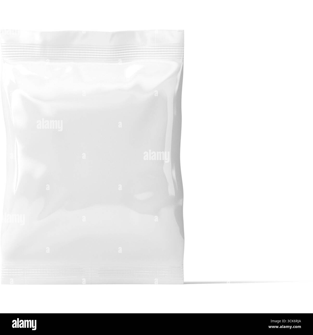 A plain white sealed packaging pouch, typically used for food or ...