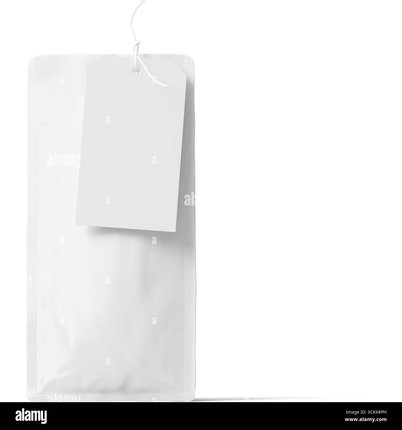 A plain white packaging with a blank tag for labeling, suitable for ...