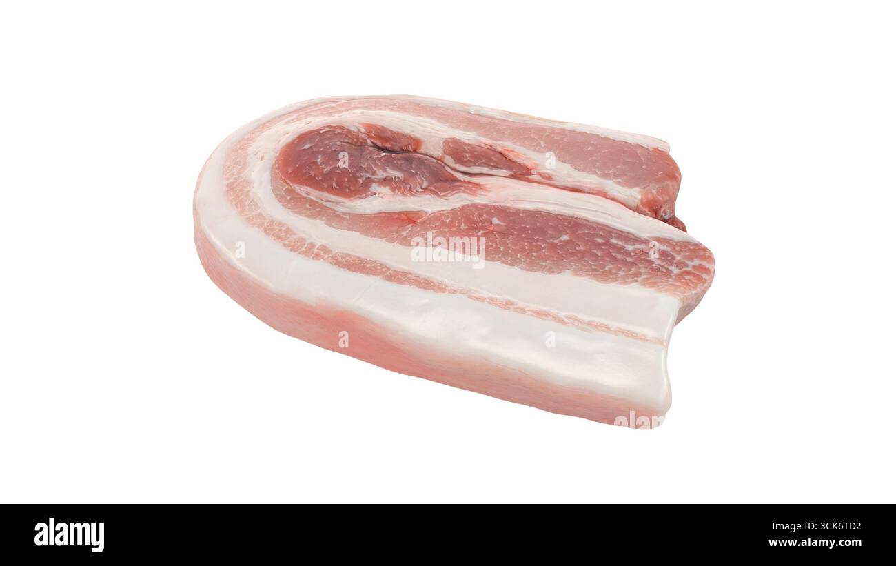 A piece of raw pork belly, showcasing its marbled fat and meat, often ...