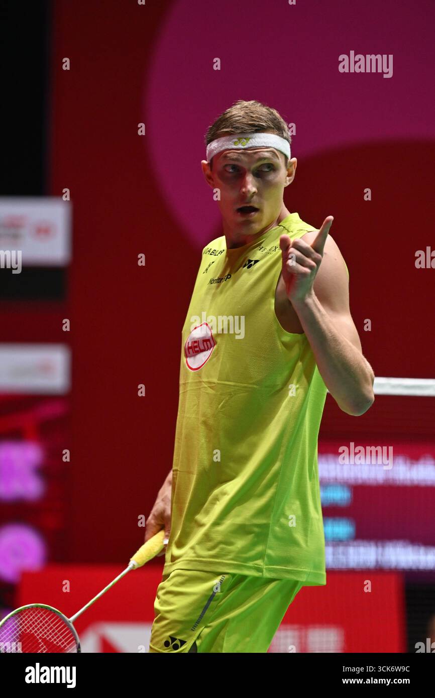 Viktor Axelsen, a Denmark badminton player during the match of Hong ...