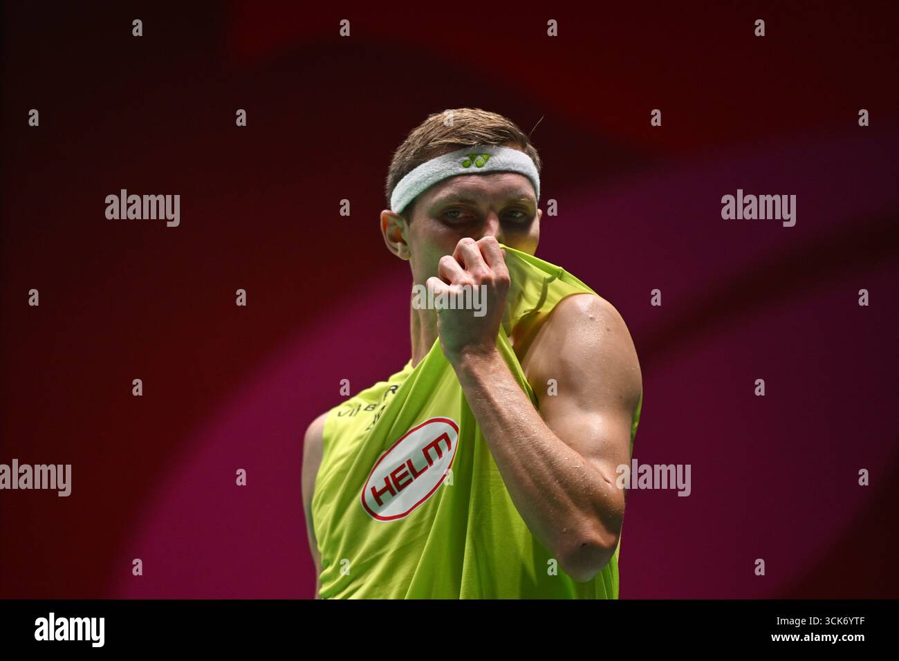 Viktor Axelsen, a Denmark badminton player during the match of Hong ...