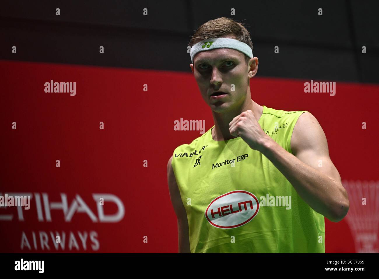 Viktor Axelsen, a Denmark badminton player during the match of Hong ...