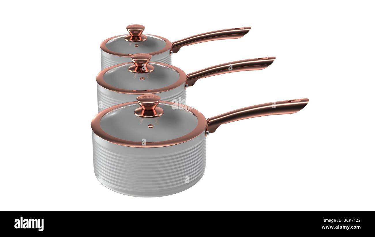 A set of three stylish cooking pots with copper handles and lids ...