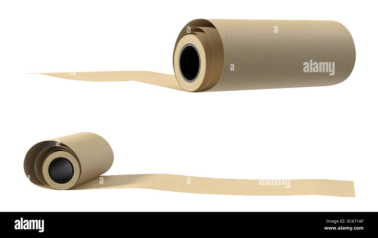 Two rolls of brown paper, one larger and one smaller, with a loose end ...