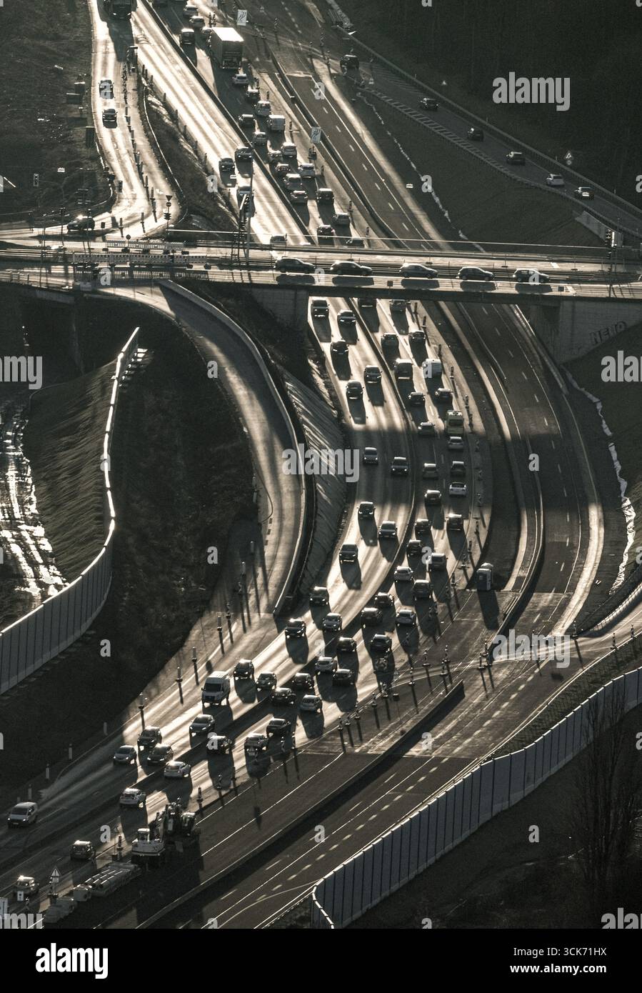 Aerial view, motorway A448 and bridge Universitaetsstrasse, traffic jam ...