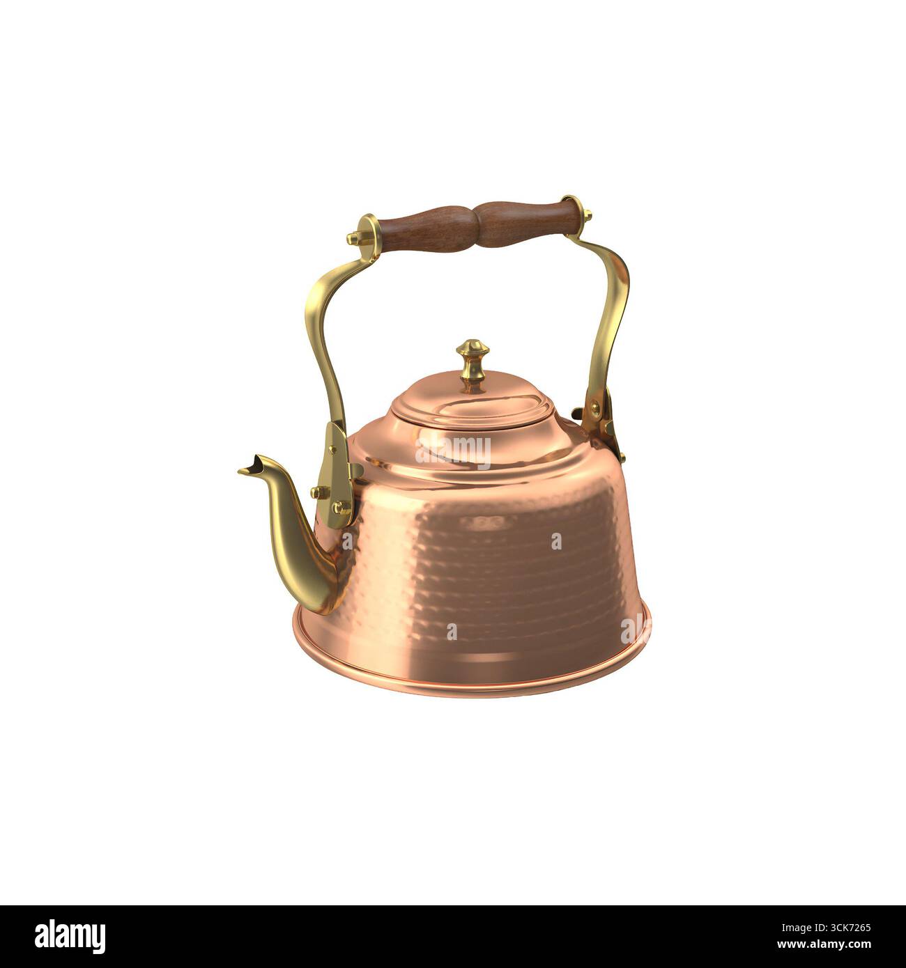 A shiny copper kettle with a curved spout and a wooden handle, designed ...